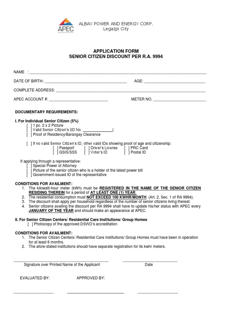 Senior Citizen Discount Application Form | PDF