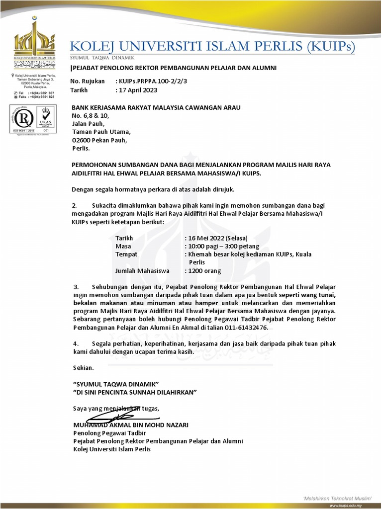 Surat Sumbangan Bank Rakyat Perlis | PDF