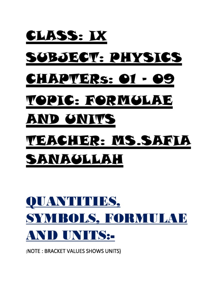 PHYSICS FORMULAE AND UNITS (class-IX) | PDF