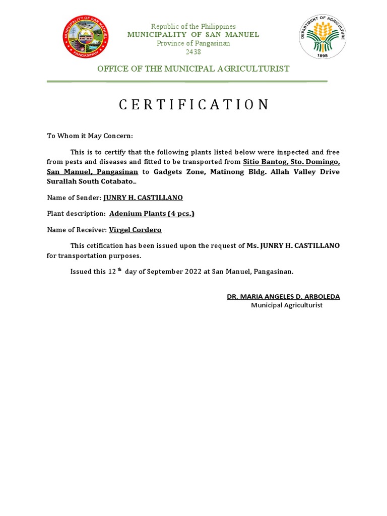 Certification: Office of The Municipal Agriculturist | PDF | Food And ...