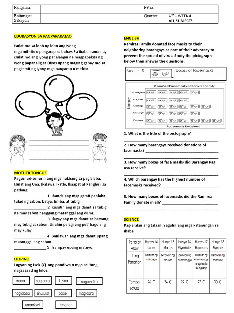 Answer Sheets - Week 4 - Q4 - All Subjects | PDF