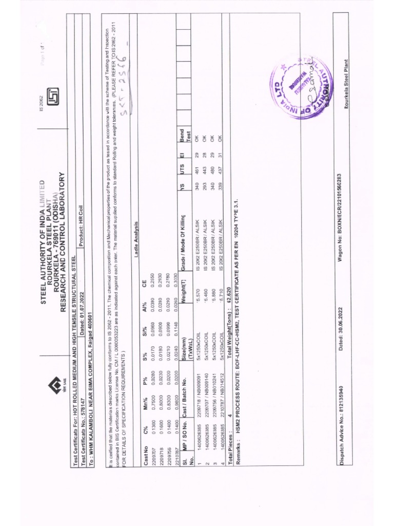 SAMPLE TEST CERTIFICATE OF 5 MM PLATE | PDF