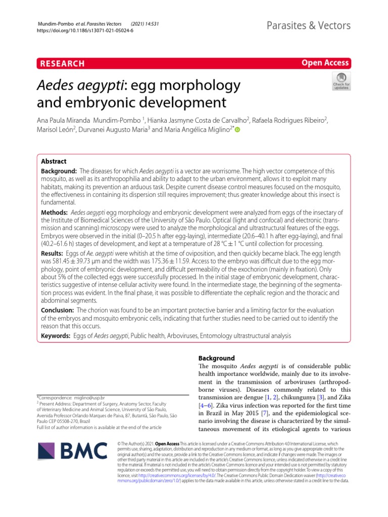 Aedes Aegypti: Egg Morphology: and Embryonic Development | PDF
