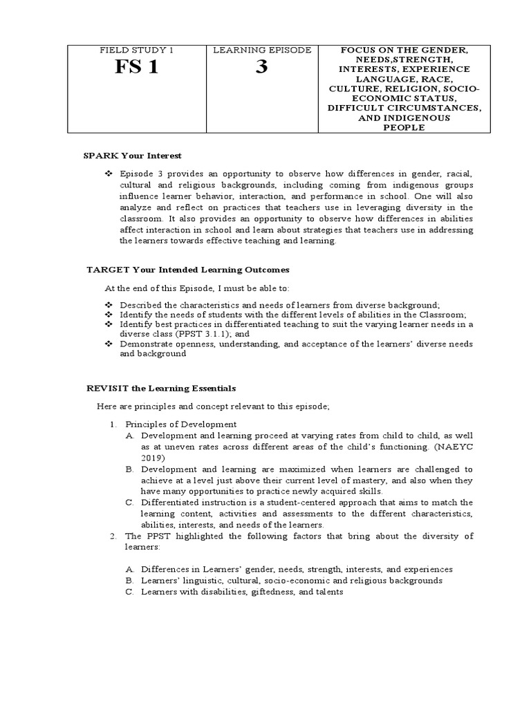 FS 1 Learning Episode 3 | PDF | Differentiated Instruction | Learning