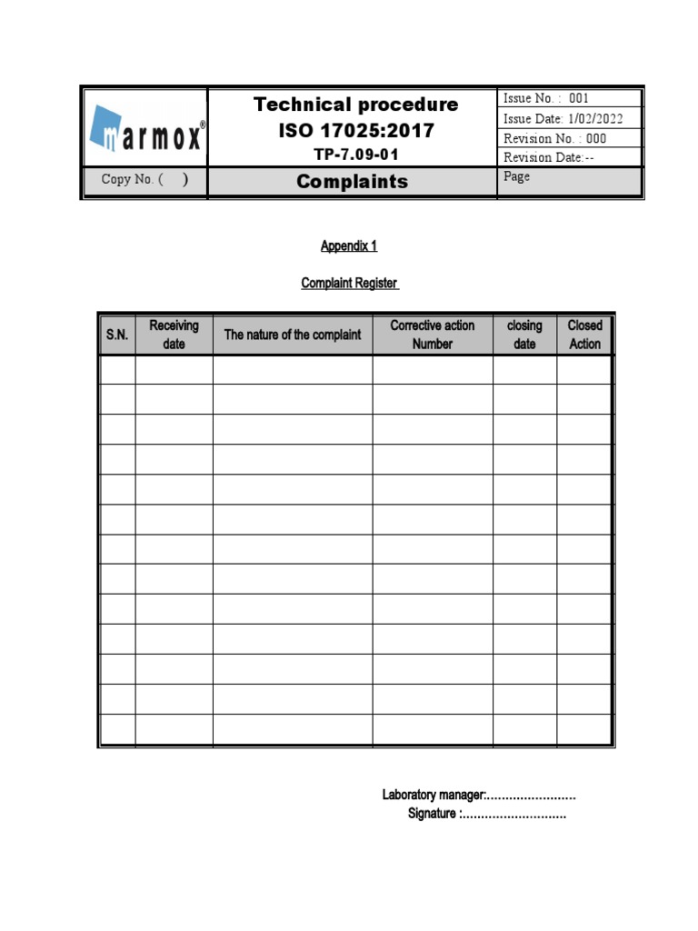ISO 17025 Complaint Register Template | PDF