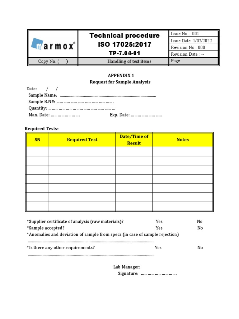 ISO 17025 Technical Procedure for Sample Handling | PDF