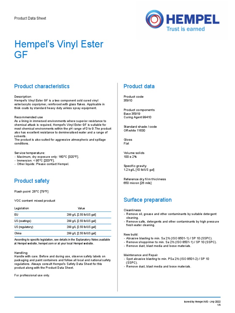 Chemical Resistance and Immersion Service Properties of Hempel's Vinyl Ester GF Two-Component ...