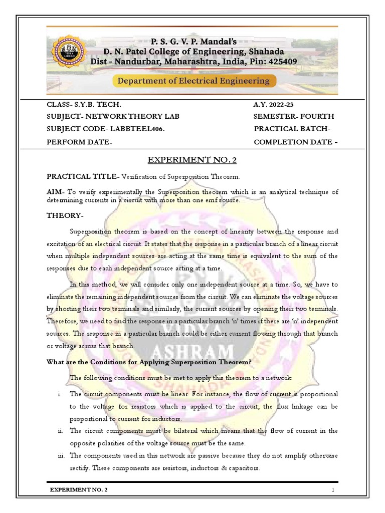 PR No.2 Superposition Theorem | PDF | Electrical Network | Passivity (Engineering)