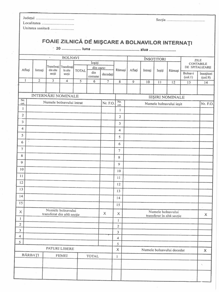 Foaie Zilnica de Miscare A Bonavilor Internati | PDF