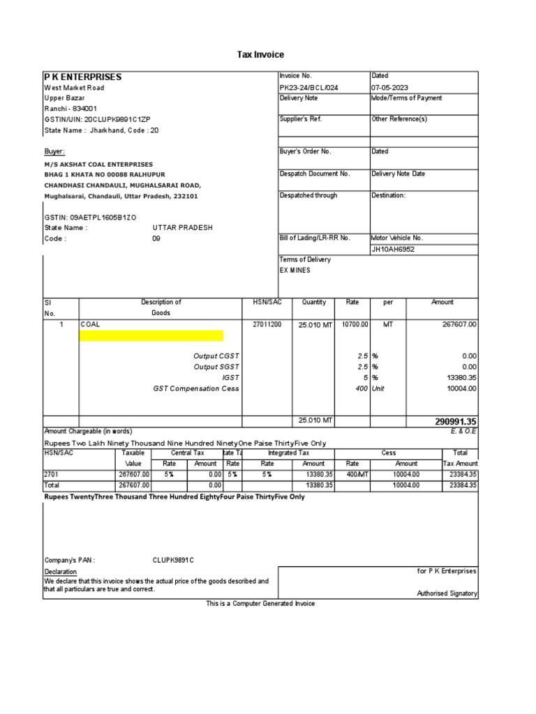 Tax Invoice P K Enterprises | PDF | Taxes | Trade
