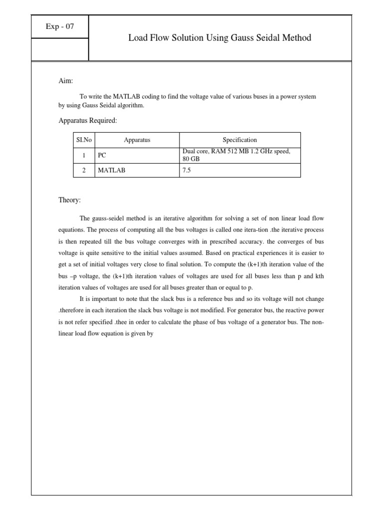 EXP-2 Load Flow Solution Using Gauss Seidal Method | PDF EXP-2 Load Flow Solution Using Gauss Seidal Method | PDF
