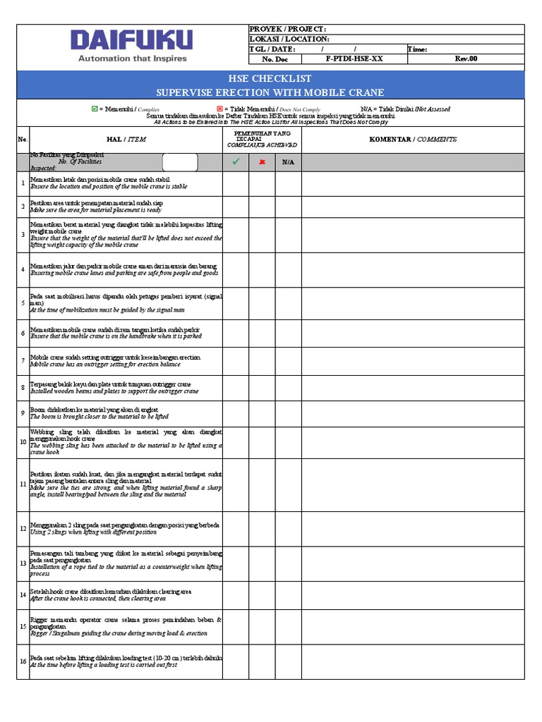 Form Checklist Erection With Crane | PDF