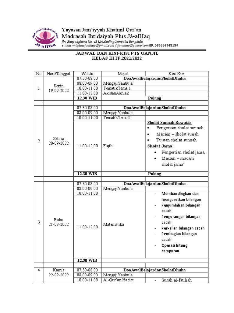 Jadwal Dan Kisi-Kisi Kelas 3 | PDF Jadwal Dan Kisi-Kisi Kelas 3 | PDF