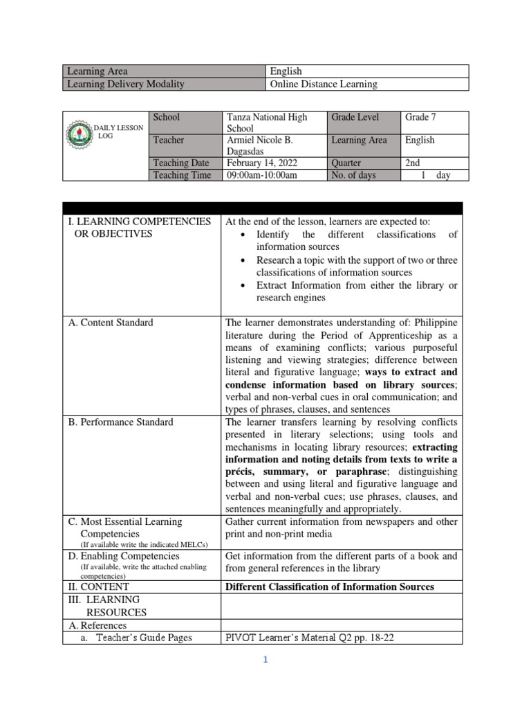 English Dagasdas Armiel-Nicole Lesson-Exemplar Grade7 | PDF