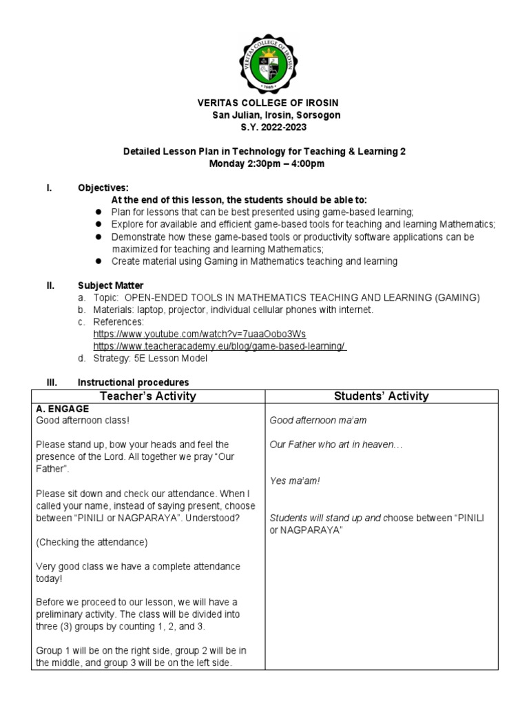 Lesson Plan in Game-Based | PDF | Career & Growth | Games & Activities