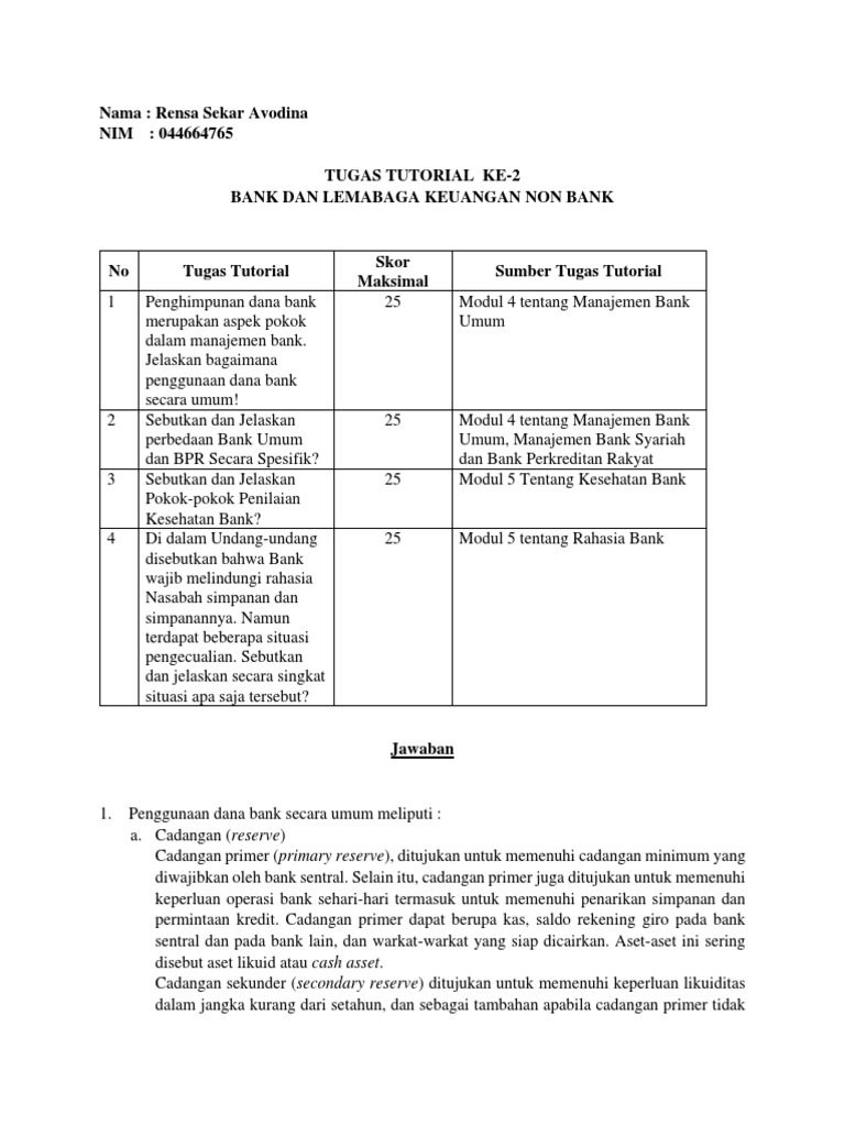 Rensa Sekar - Bank Dan Lembaga Keuangan Non Bank Tugas Tutorial 2 ...