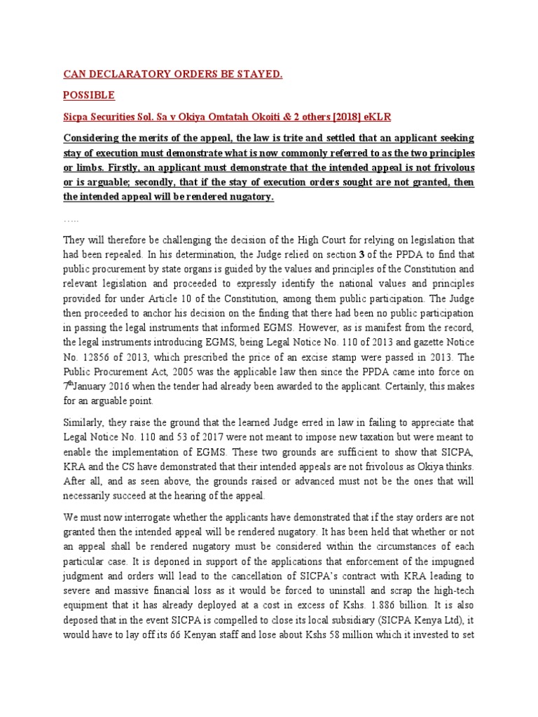 Can Declaratory Orders Be Stayed | PDF | Judgment (Law) | Declaratory ...