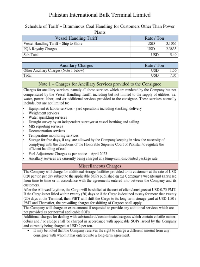 PIBT Tariff June 2023 | PDF