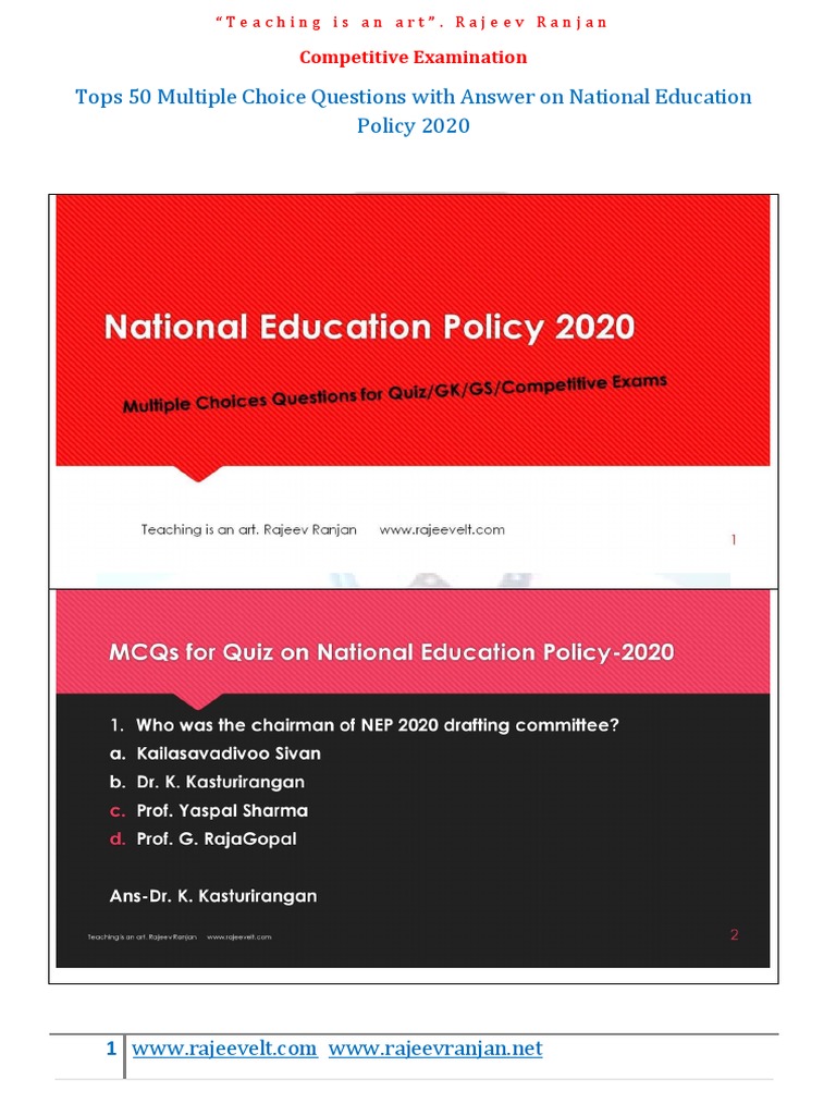 Top 50 Multiple Choice Questions With Answer On National Education ...