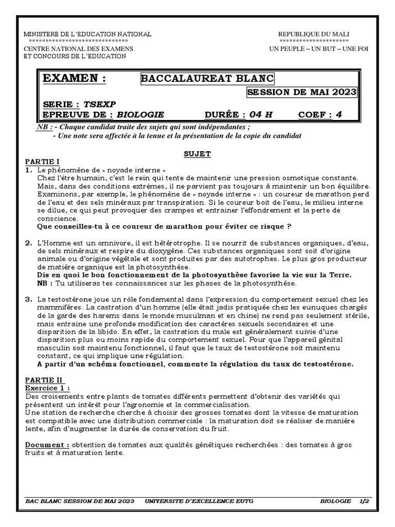 Bac Blanc Biologie Mai 2023 | PDF | VIH | Tomate