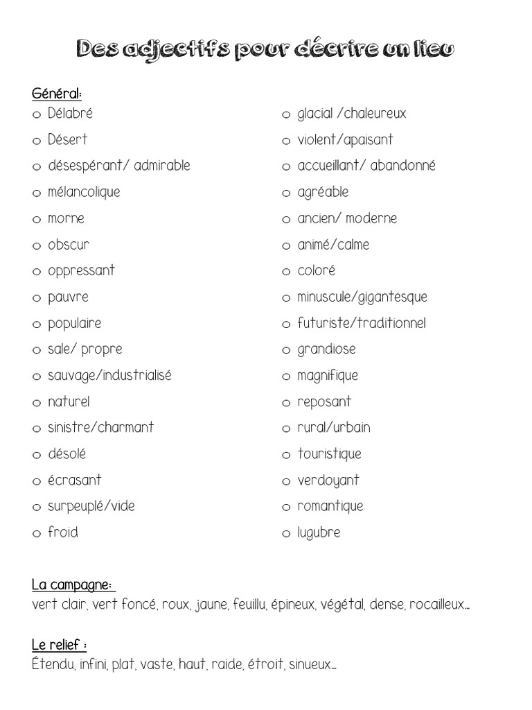 Adjectifs pour décrire un lieu | PDF