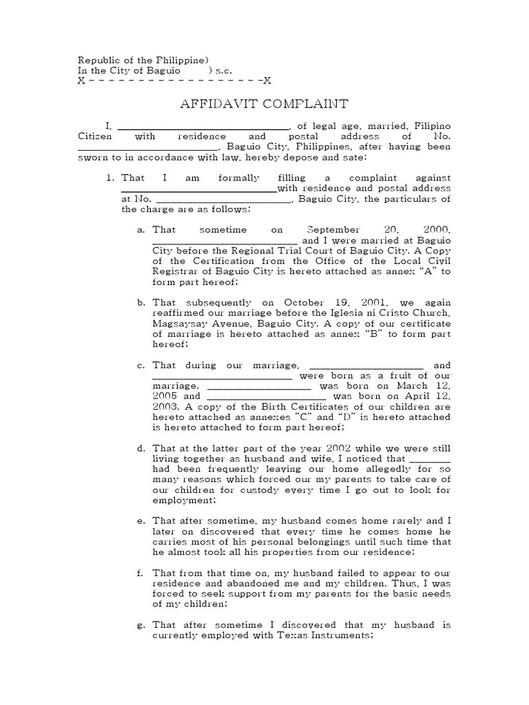 COMPLAINT AFFIDAVIT Abandonement of A Minor Sample | PDF | Affidavit ...
