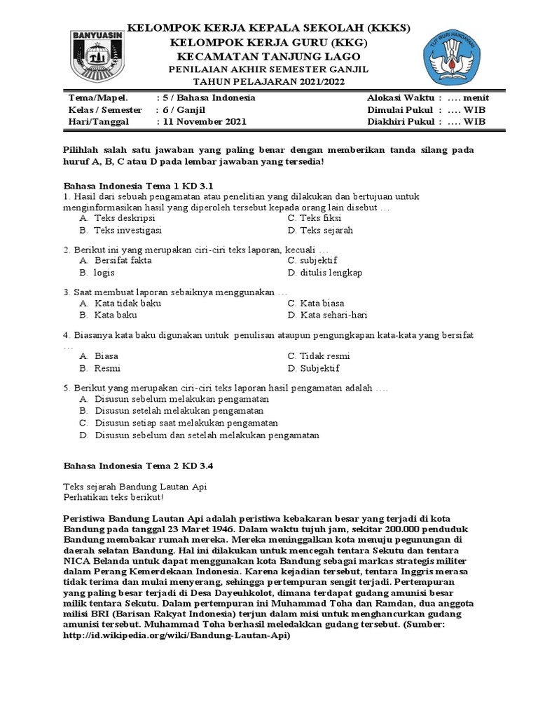 Soal Pas Bahasa Indonesia 2021 | PDF