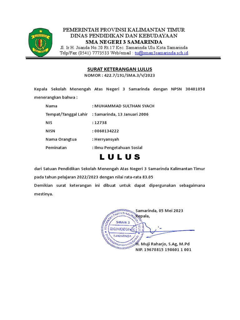 Surat Keterangan Lulus SMA 2023 | PDF