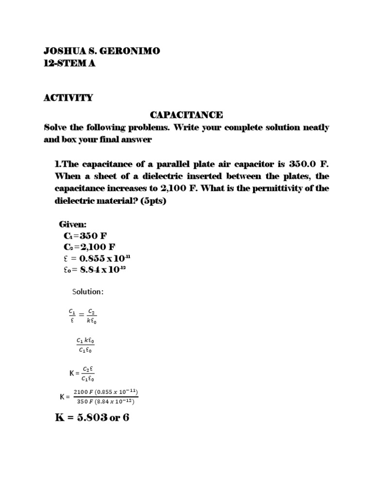 Physics Activity Capacitance | PDF | Capacitance | Capacitor