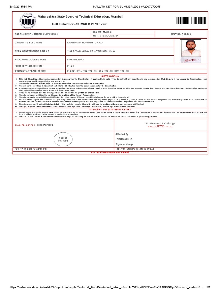 HALL TICKET FOR SUMMER 2023 of 2007270055 | PDF | Justice | Crime ...