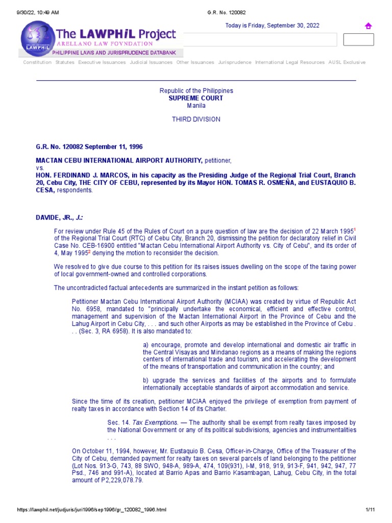Mactan Cebu International Airport Authority v. Marcos, Et Al 261 Scra 667 | PDF | Taxes | Tax ...