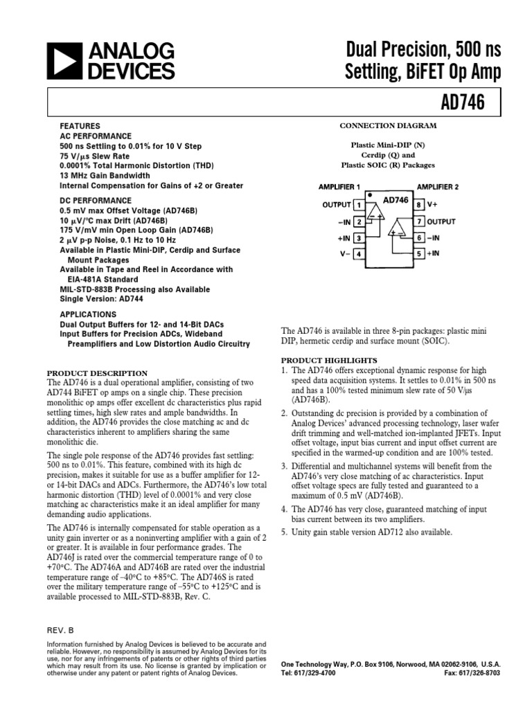 AD746 Dual Precision, 500 Ns Settling, BiFET OPA | PDF | Amplifier ... AD746 Dual Precision, 500 Ns Settling, BiFET OPA | PDF | Amplifier ...
