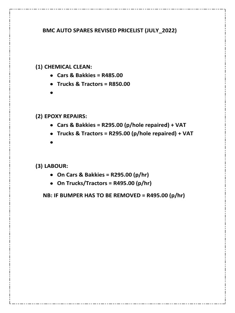 BMC Auto Spares Revised Pricelist | PDF