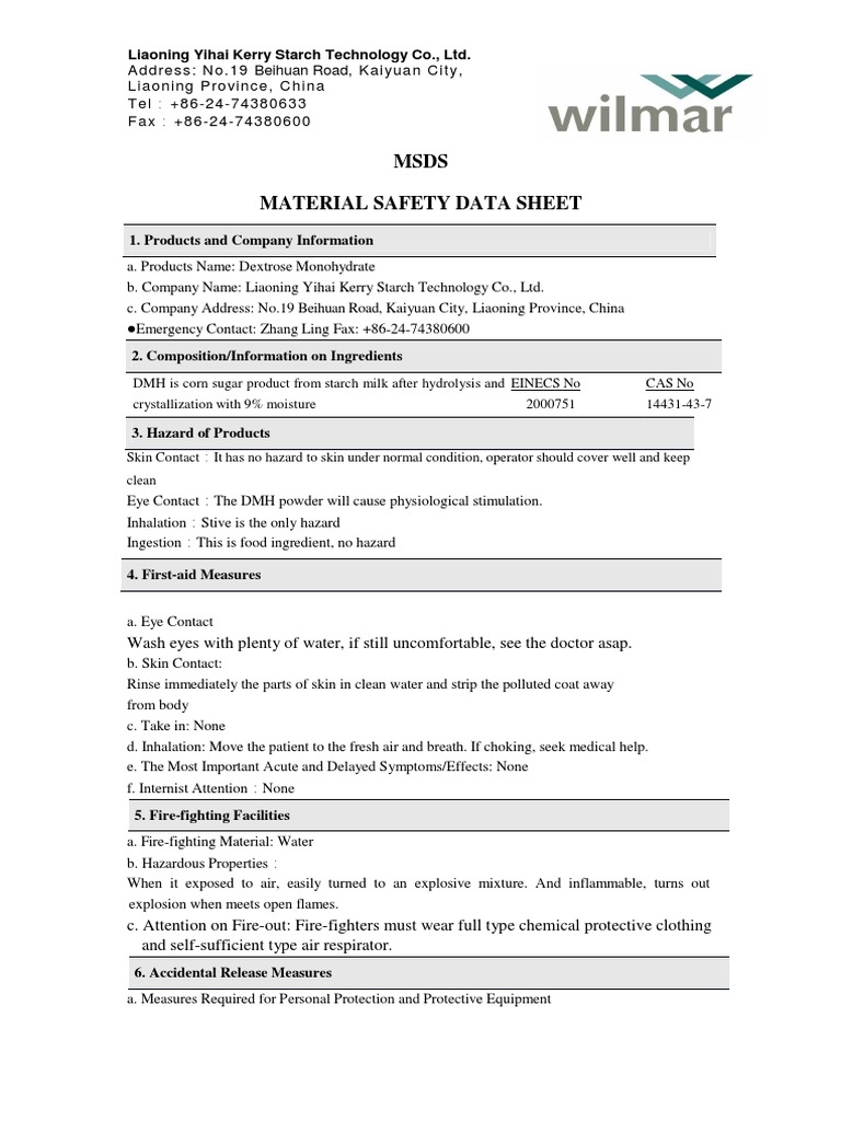 Dextrose Monohydrate MSDS Overview | PDF