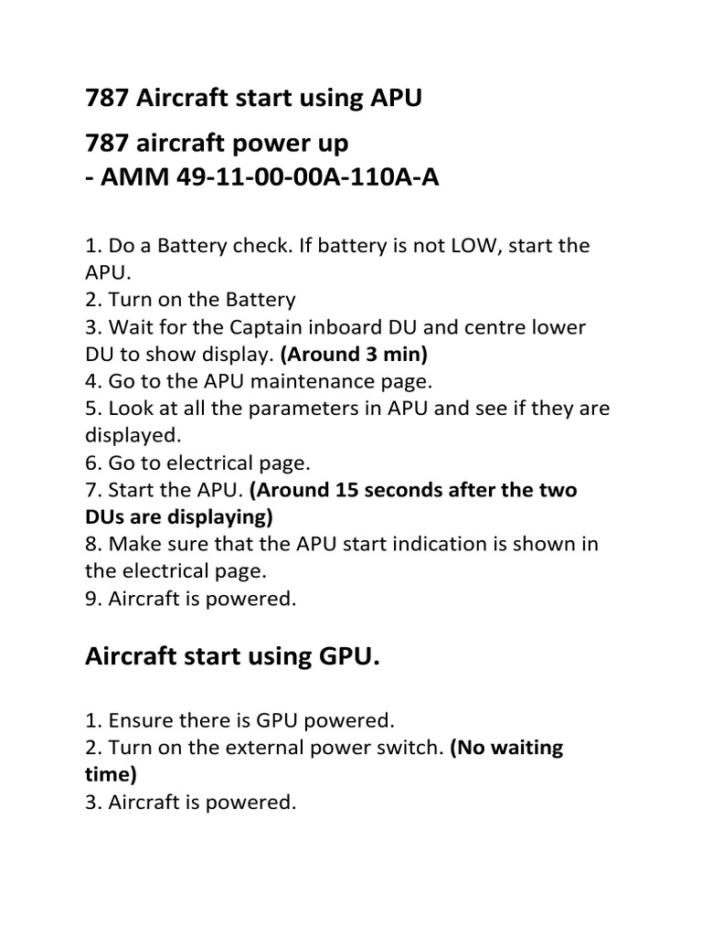 787 Aircraft Start Using APU | PDF