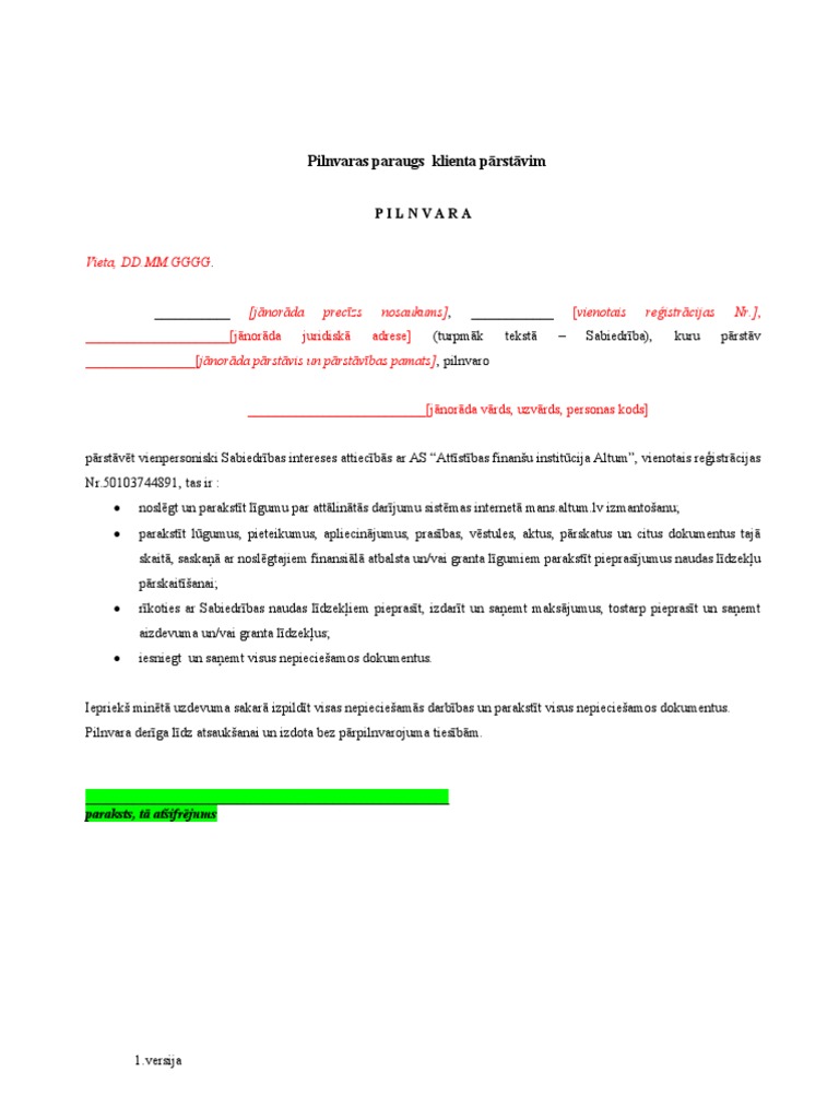 Pilnvara Paraugs Mans Altum Doc 65ca3 7a1e0 | PDF