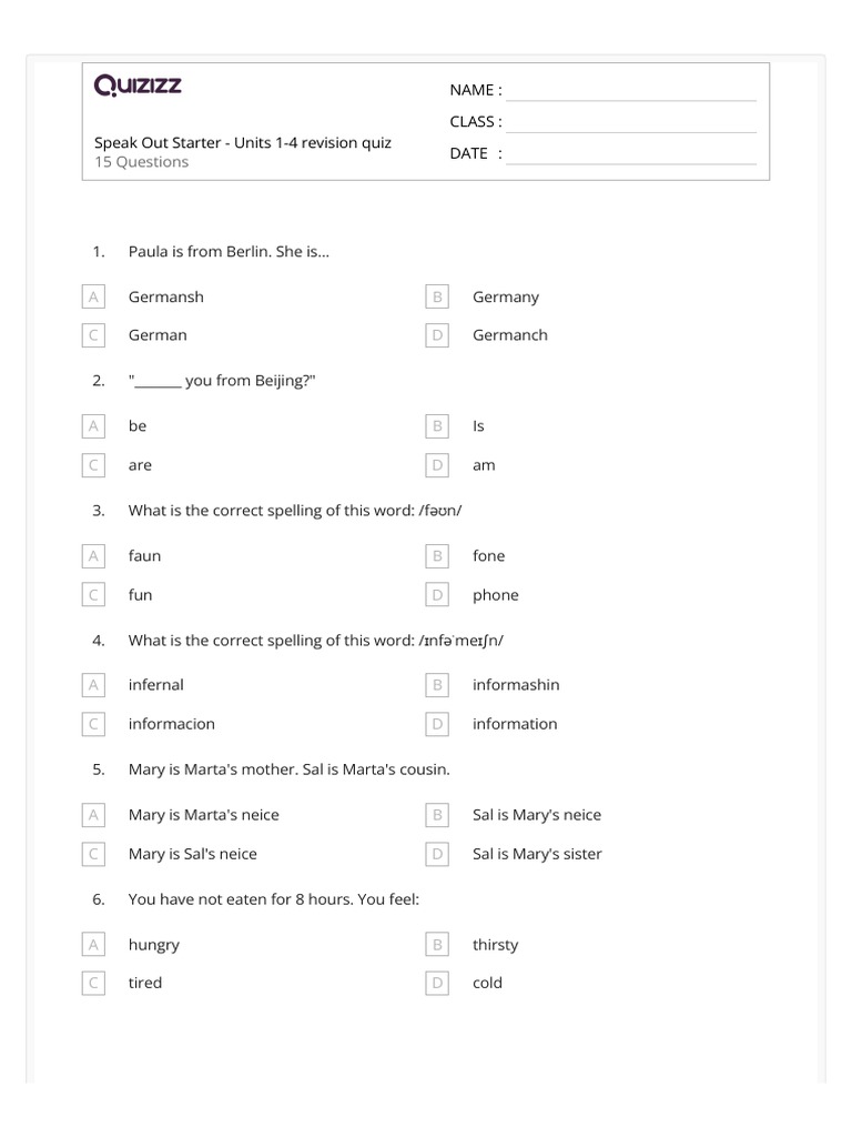 Speak Out Starter - Units 1-4 Revision Quiz | PDF
