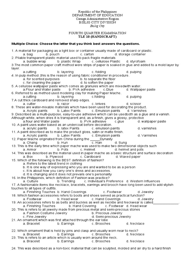 4th Quarter Final Exam (Tle 10-Handicraft) | PDF | Jewellery | Necklace