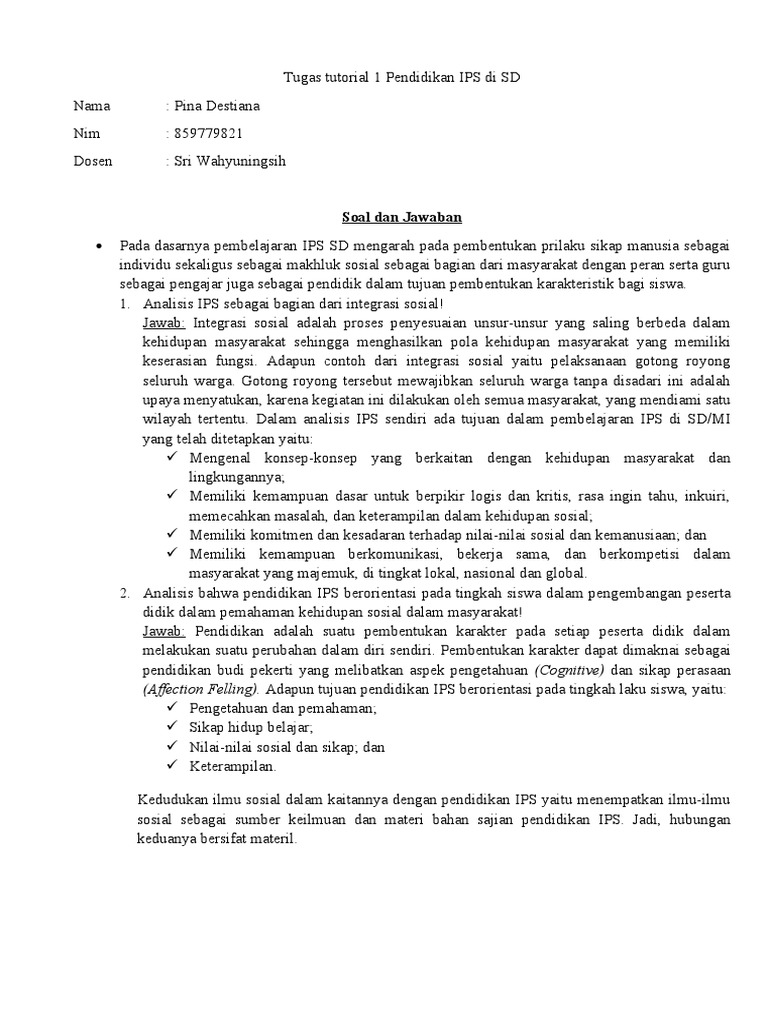 Tugas Tutorial 1 Pembelajaran Ips Di SD | PDF