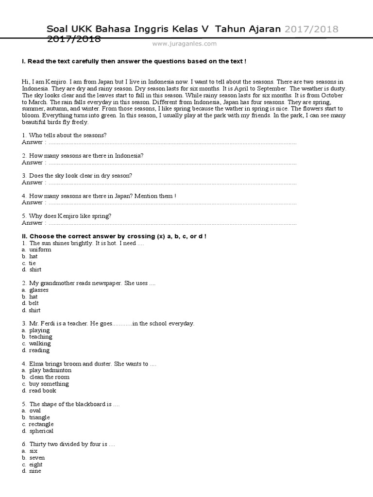 Soal UKK Bahasa Inggris Kelas 5 Tahun 2018 | PDF