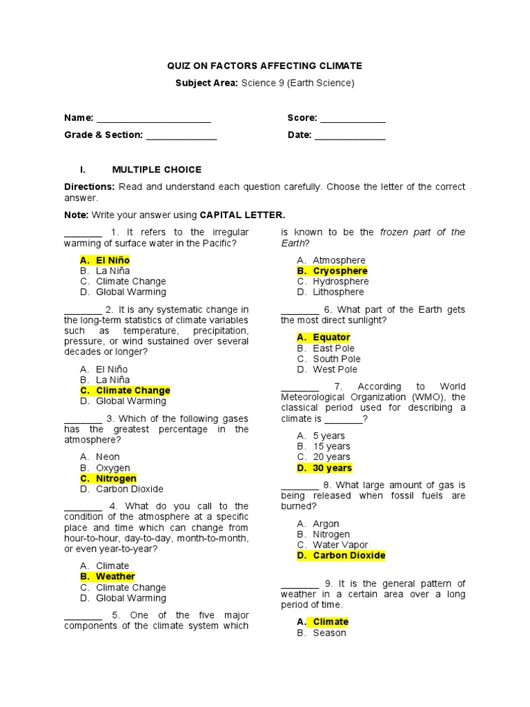 Quiz With Answer Key Factors Affecting Climate | PDF | Law