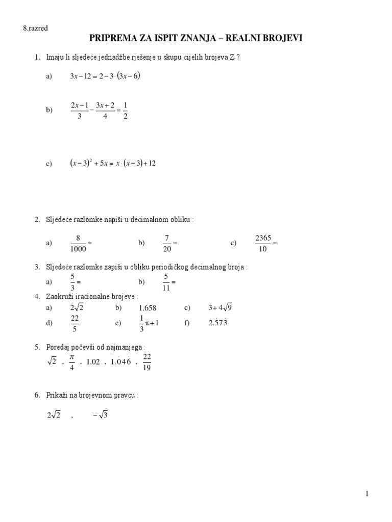 Priprema Za Ispit Znanja Realni Brojevi1 | PDF