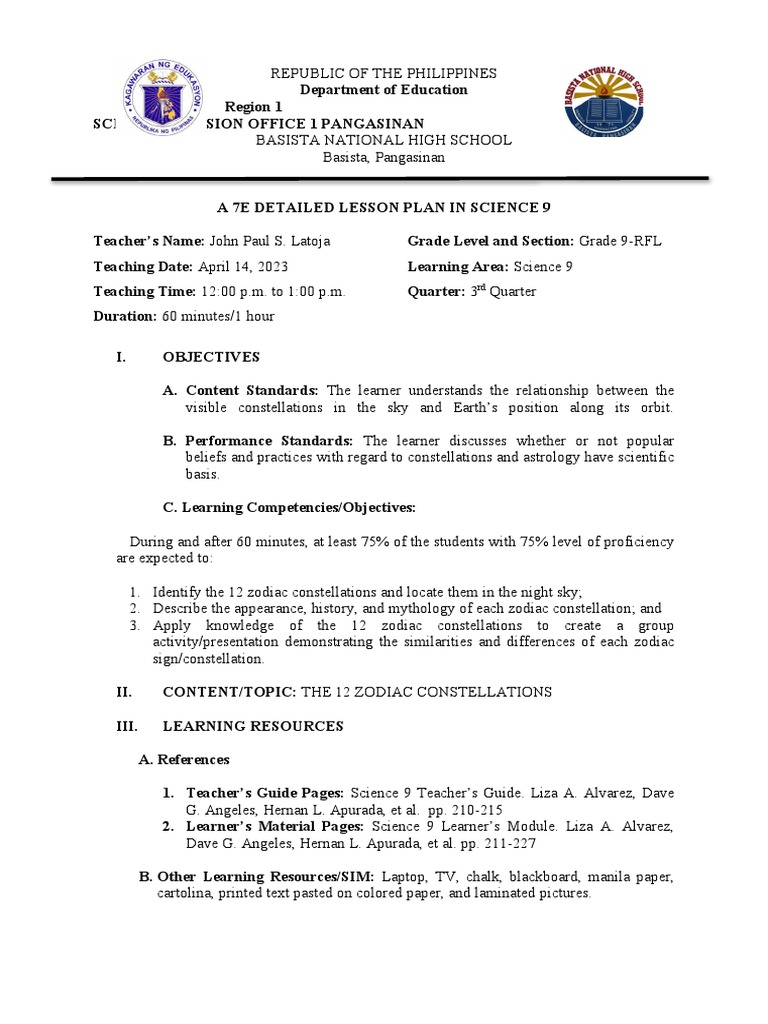 7e Detailed Lesson Plan About The 12 Zodiac Constellations | PDF