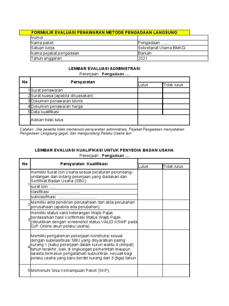 Form 27 Kertas Kerja Evaluasi Penawaran Pengadaan Langsung PK Badan Usaha | PDF