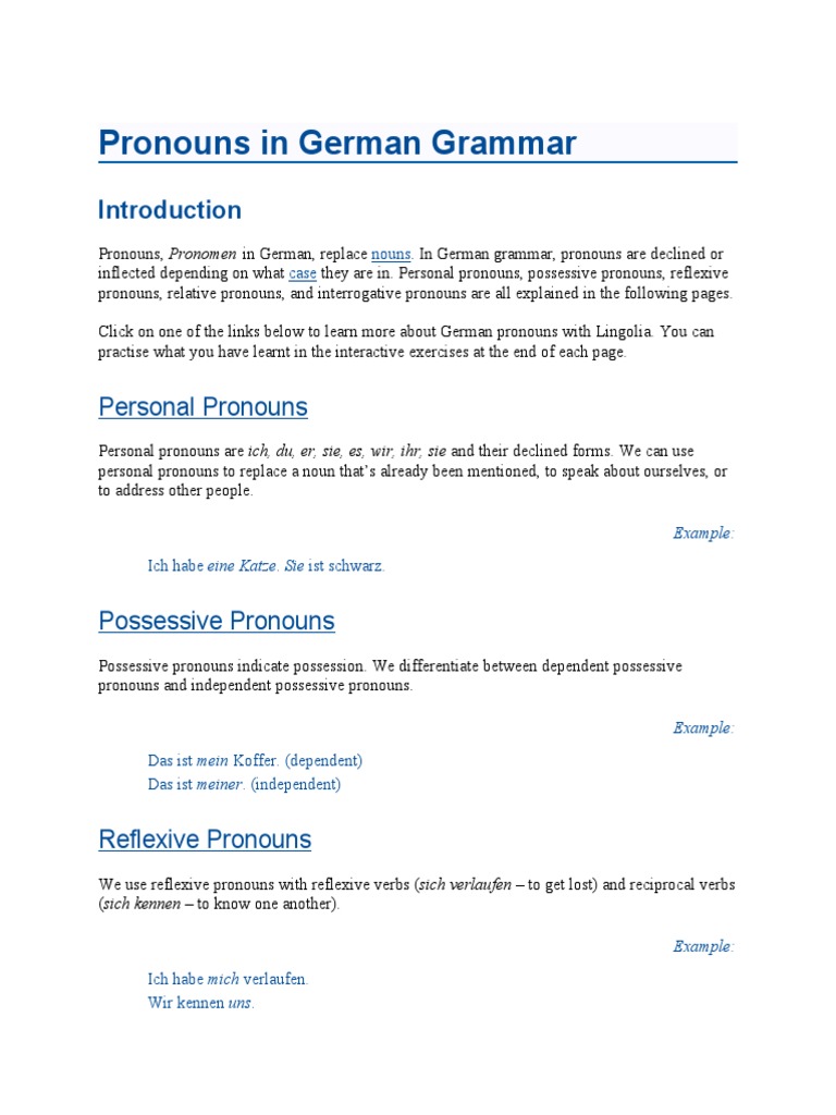 Pronouns in German Grammar | PDF