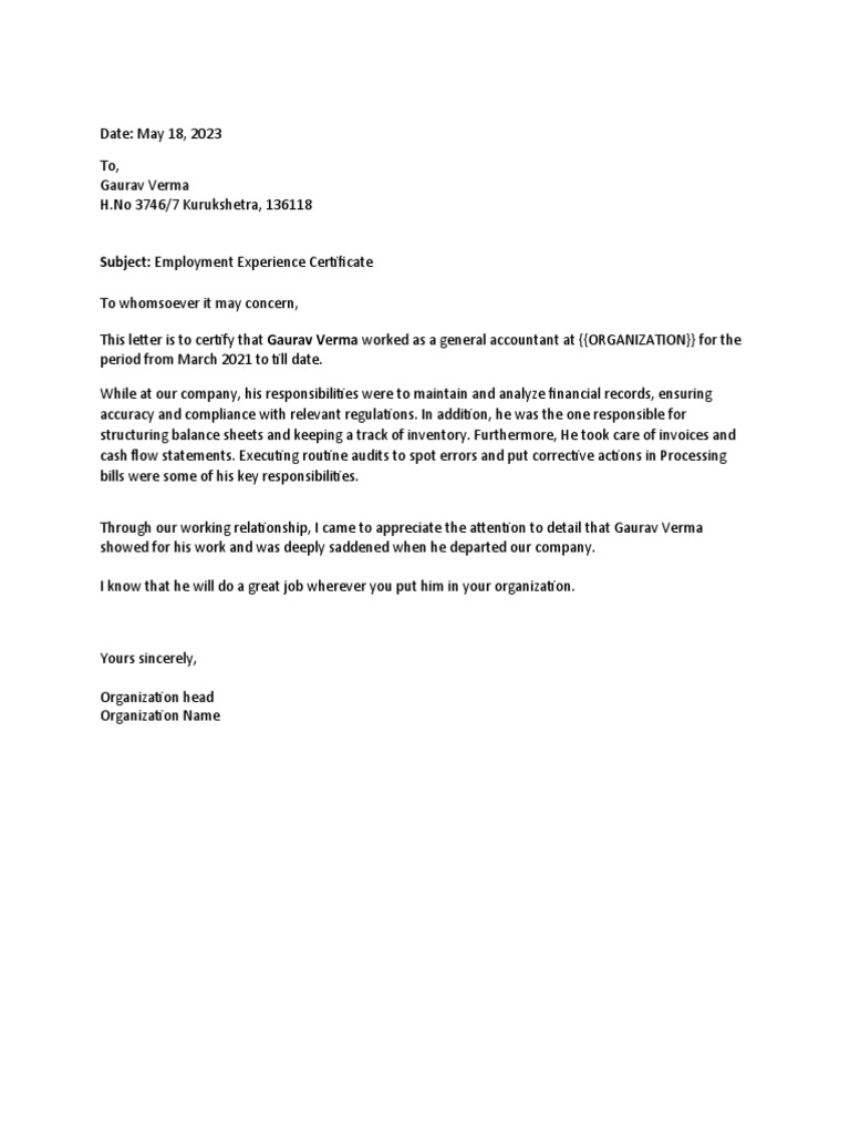 Employment Experience Certificate for Accountant | PDF