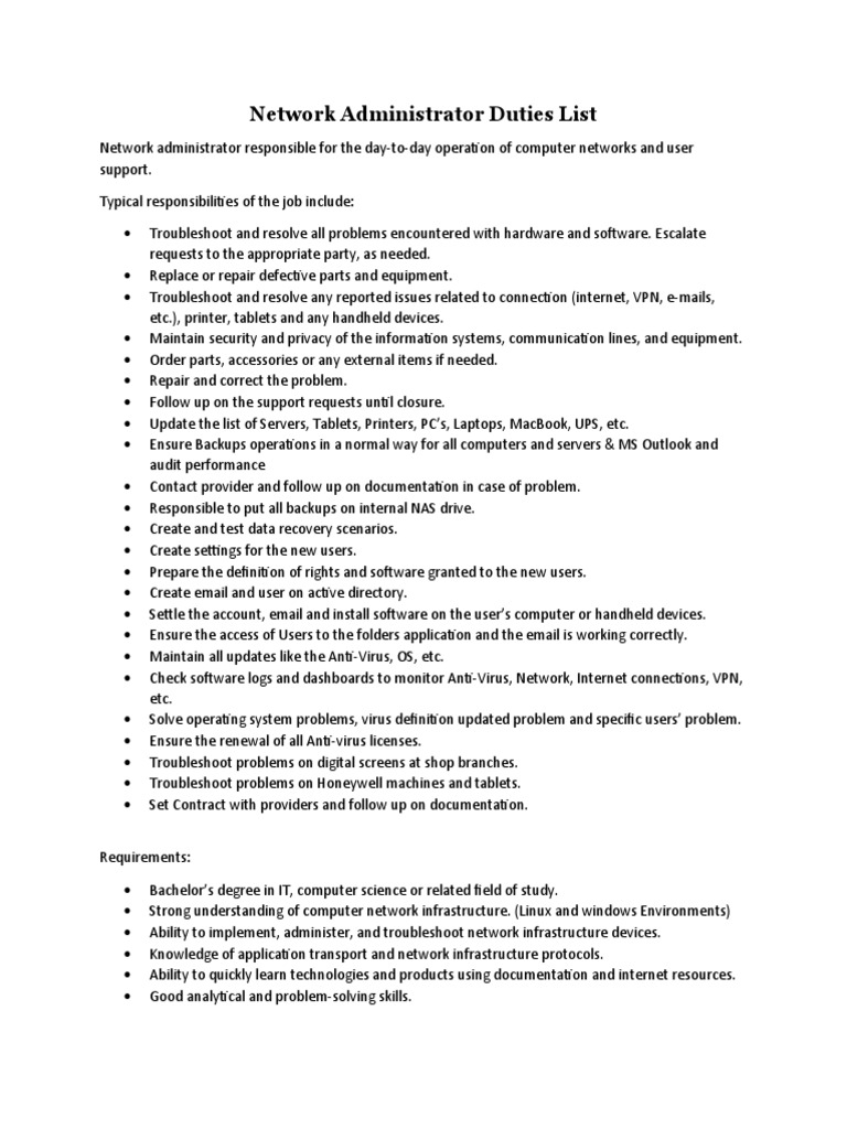 Network Administrator Duties List | PDF