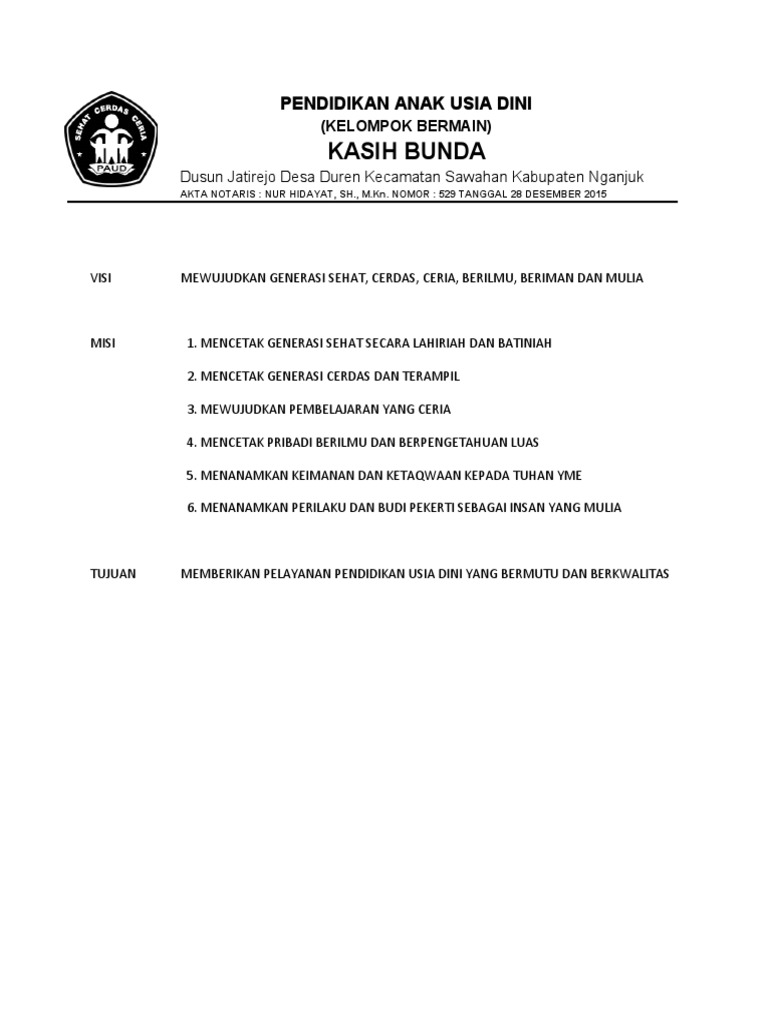Visi, Misi Dan Tujuan KB Kasih Bunda | PDF