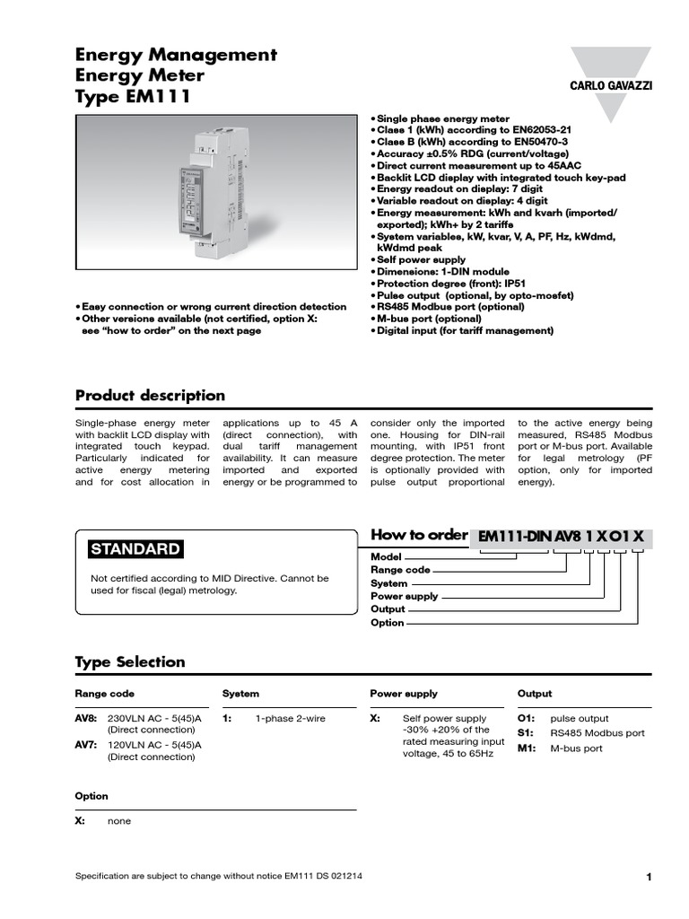 Energy Management Energy Meter Type EM111: Standard | PDF