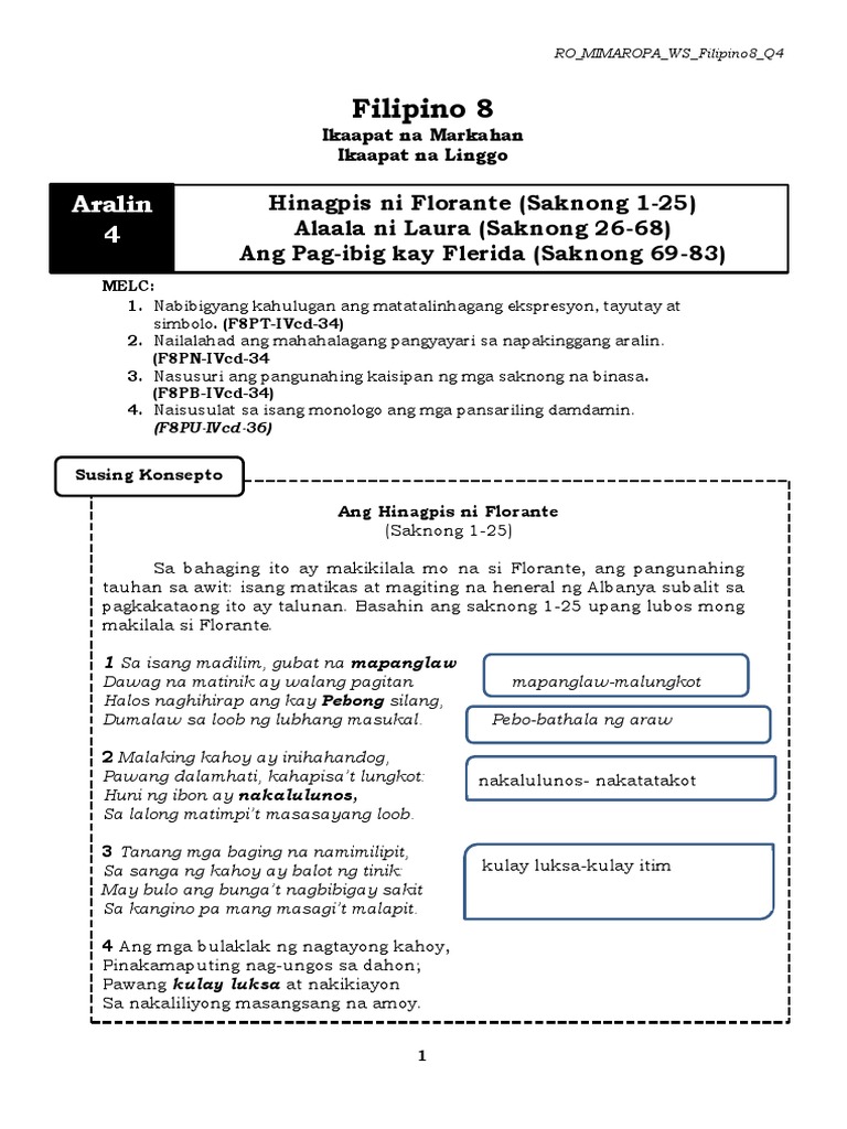 Filipino8WS - Q4 - Week 4 - Hinagpis Ni Florante (Saknong 1-25) | PDF
